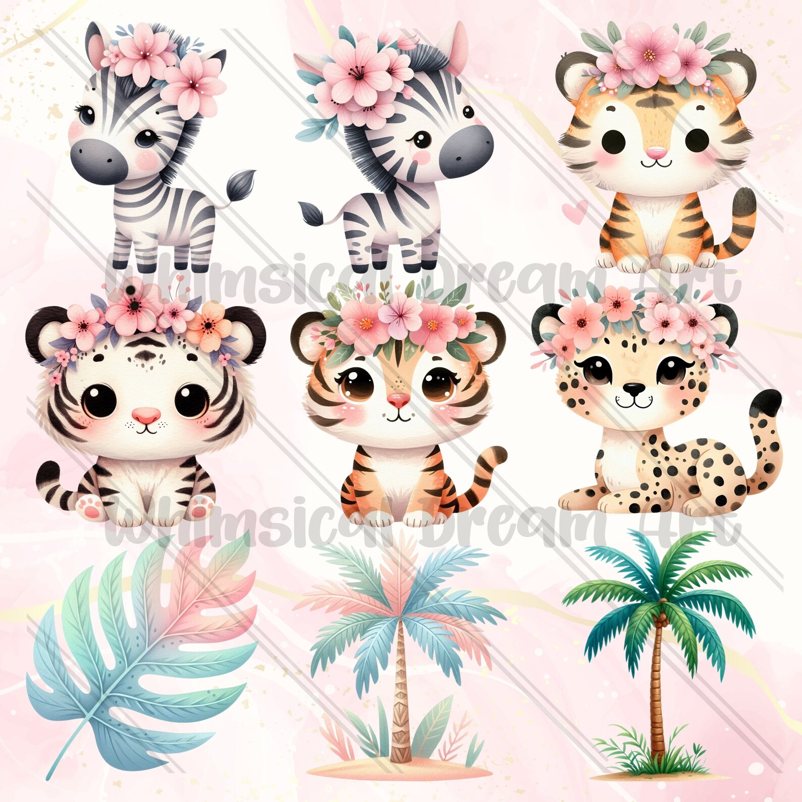 45 Watercolor Pink Safari Animal Clipart PNG Bundle, Baby Animal, Girl ...