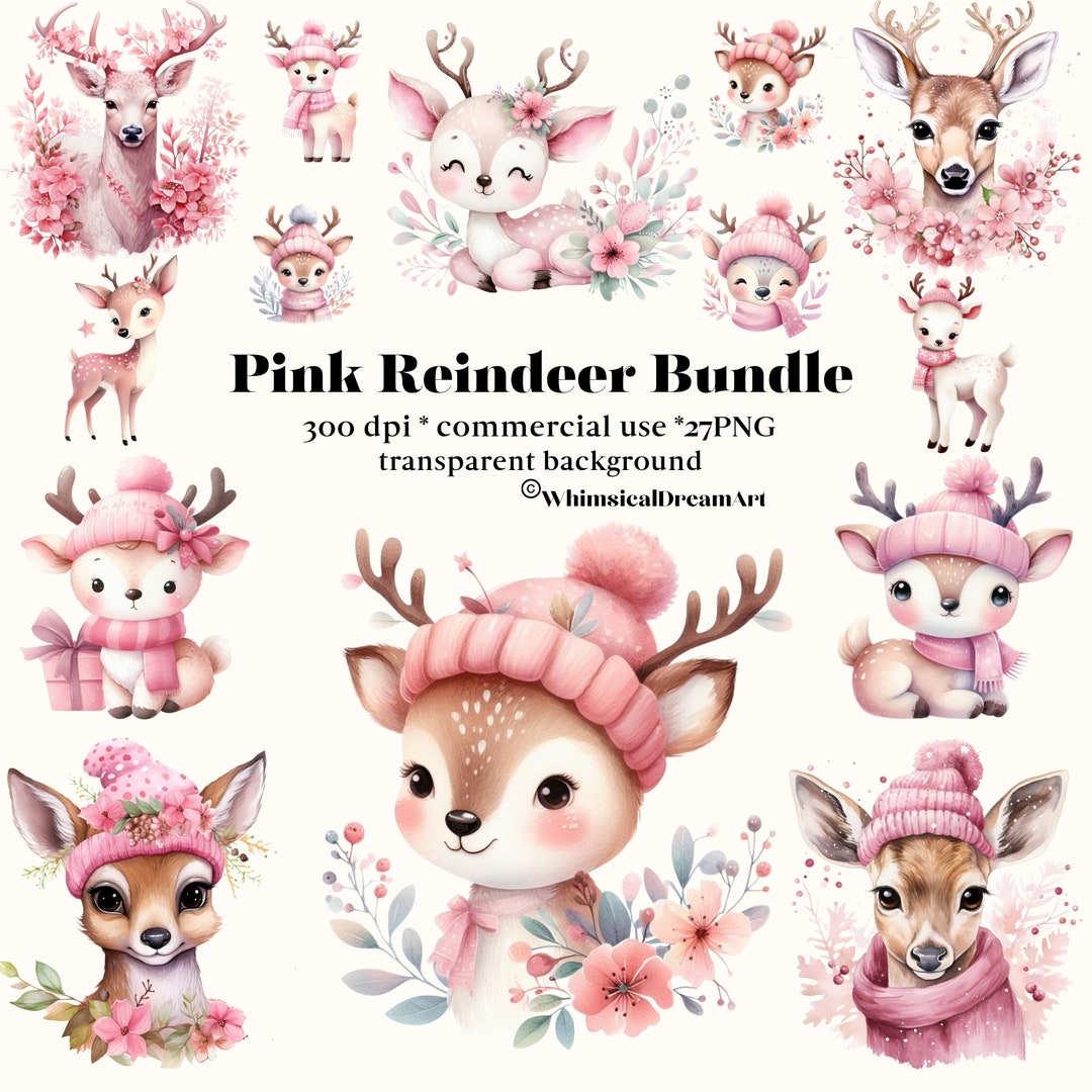 27 Christmas Cute Reindeer Clipart Bundle, Watercolor Deer, Pink ...