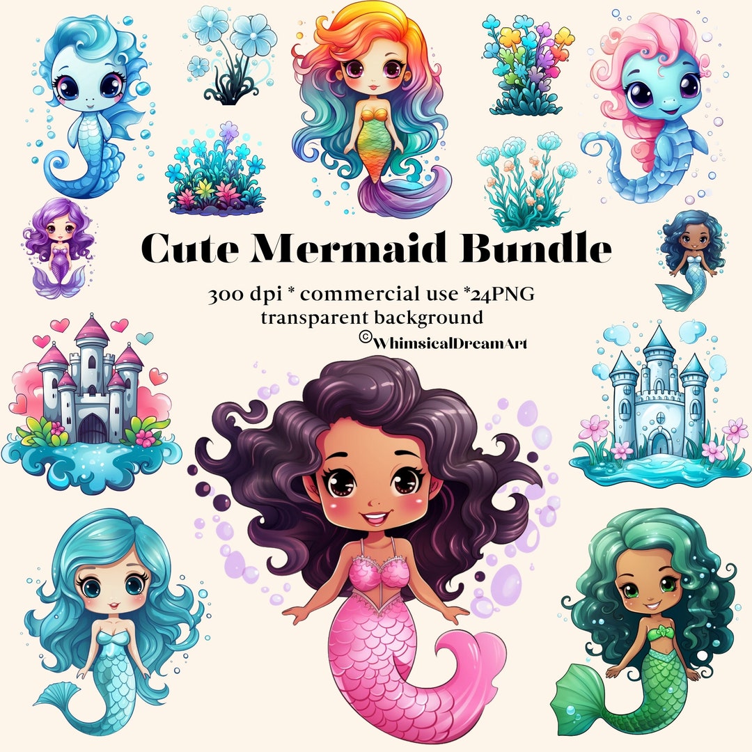 24 PNG Cute Mermaid Clipart, Watercolor Sea Life Bundle, Instant ...