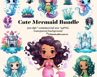 Mermaid Clipart Bundle Watercolor Cute Mermaid Clipart Png Sea Life, Instant Download Images ...