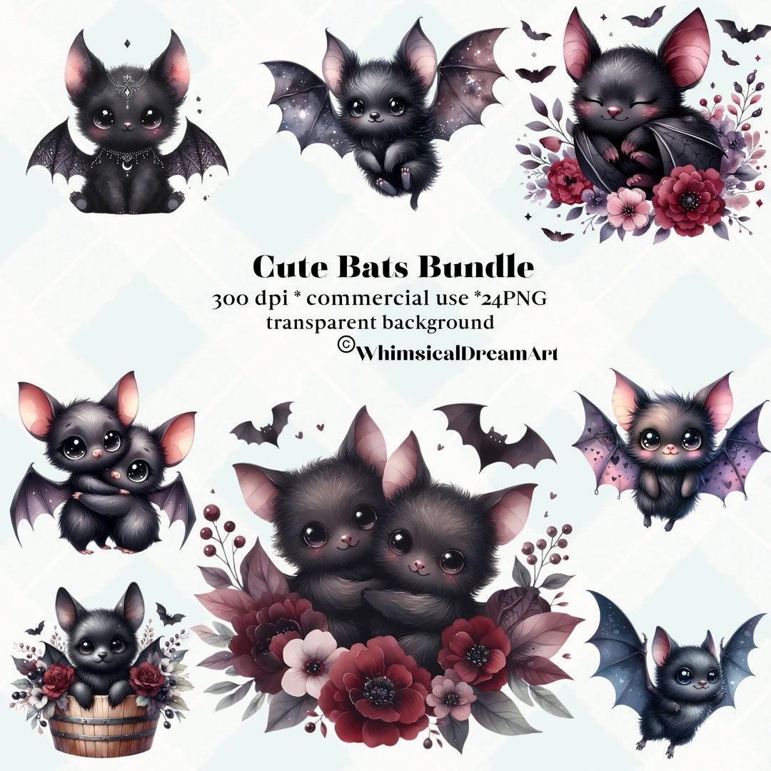 24 Cute Bat Watercolor Clipart Bundle, Cute Bat PNG, Not Scary ...