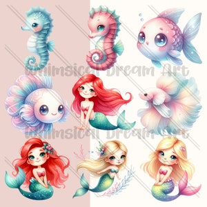 42 Cute Mermaid Watercolor Clipart, Dolphin Bundle, Watercolor Cute ...