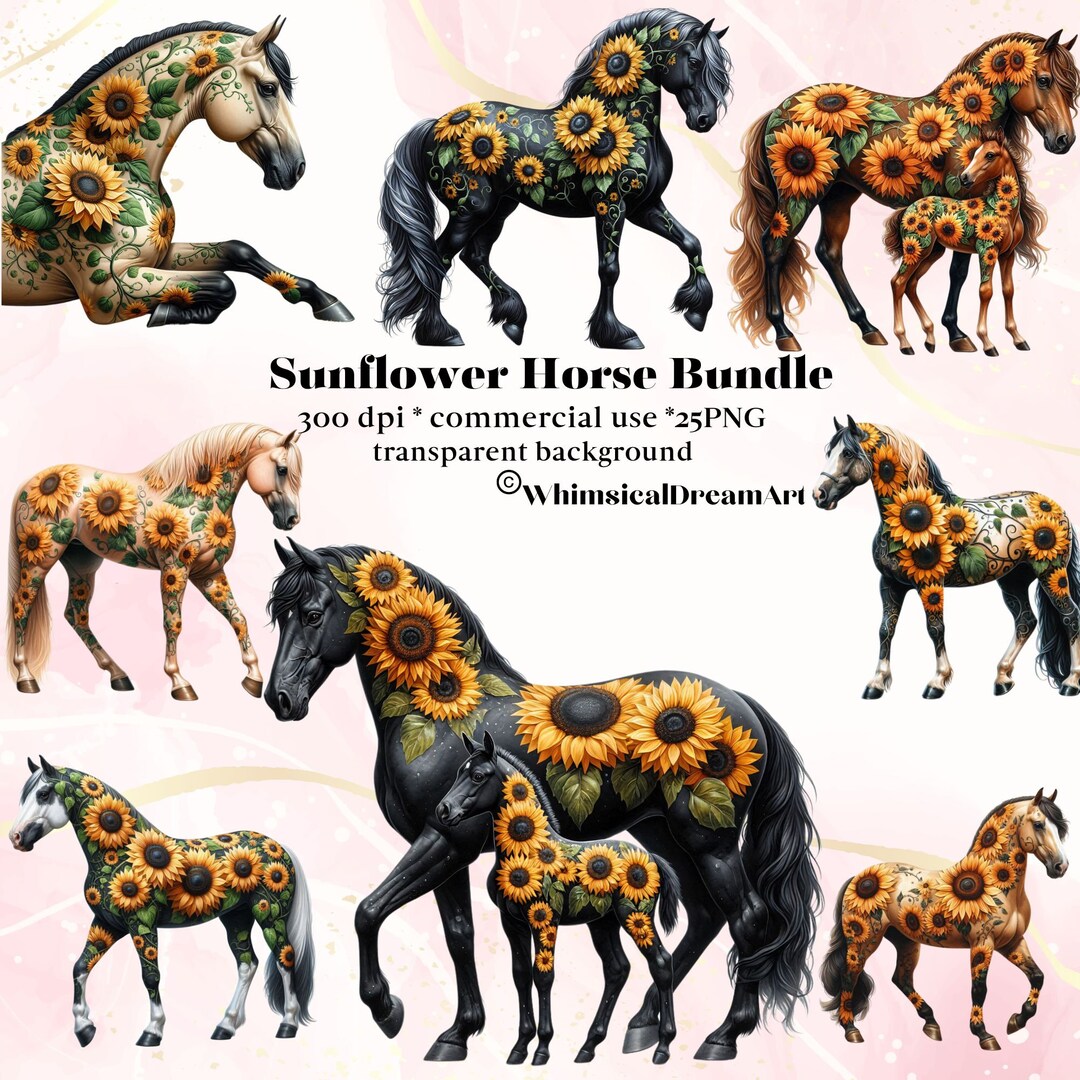 25 Sunflower Horse PNG Collection, Horse Clipart Set, Watercolor Horse ...