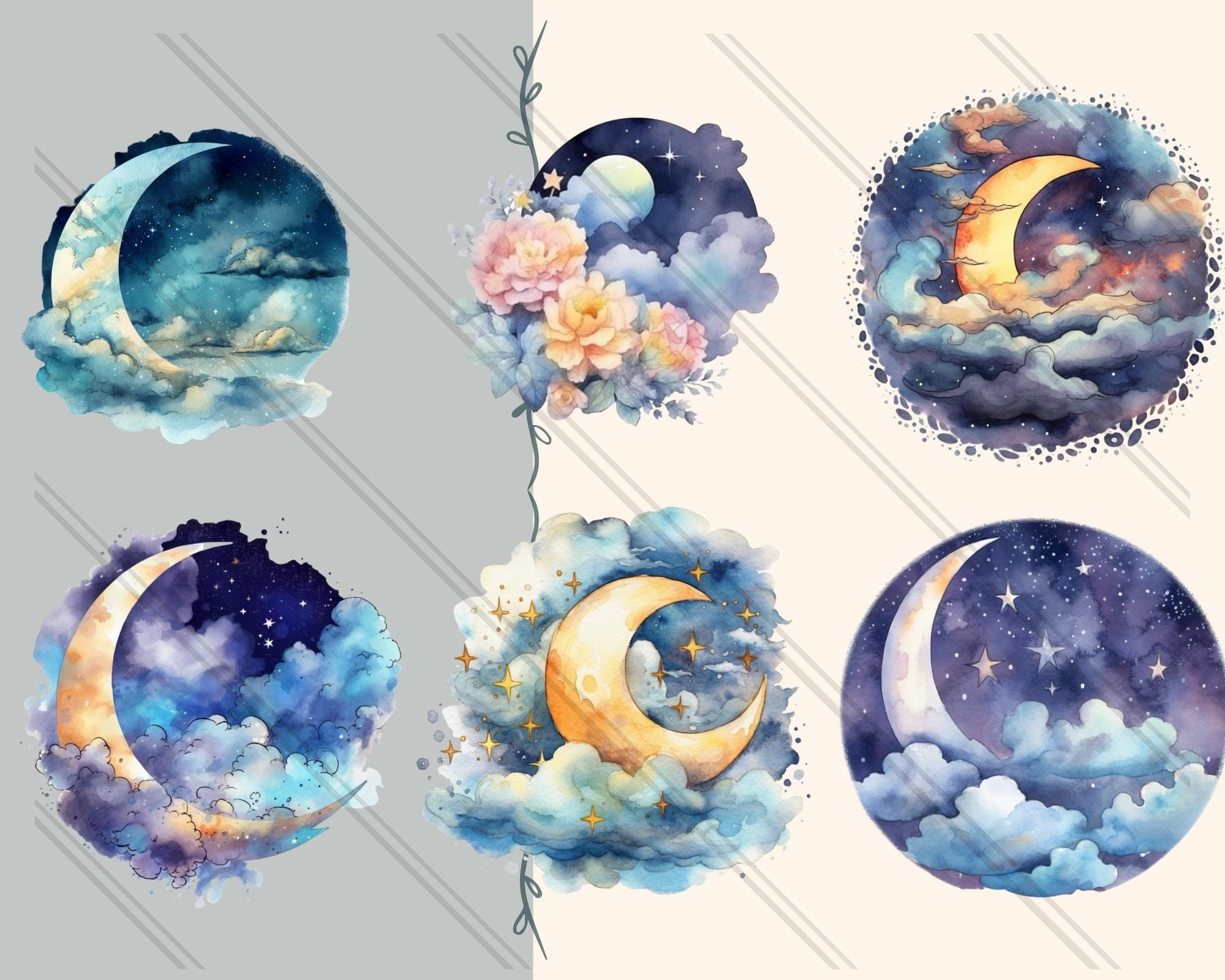 25 PNG Watercolor Heavenly Moons Clipart - Celestial Moon, Fantasy ...