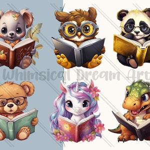 24 PNG Watercolor Reading Animal Clipart, Booklover Animals Clipart ...