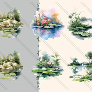 26 Watercolor Lily Pond Clipart - Springtime Cute Lily Pad and Frog ...