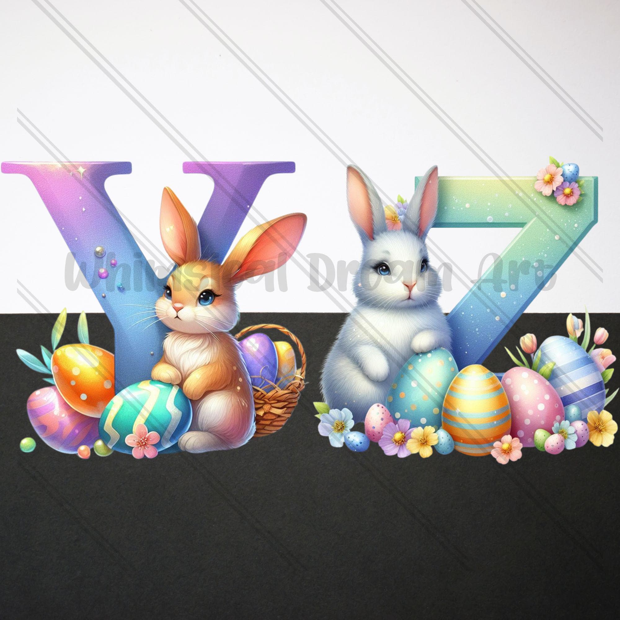 Easter Bunny Clipart Decorative Letters, Uppercase Alphabet Set ...