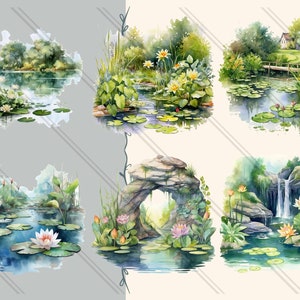 26 Watercolor Lily Pond Clipart - Springtime Cute Lily Pad and Frog ...