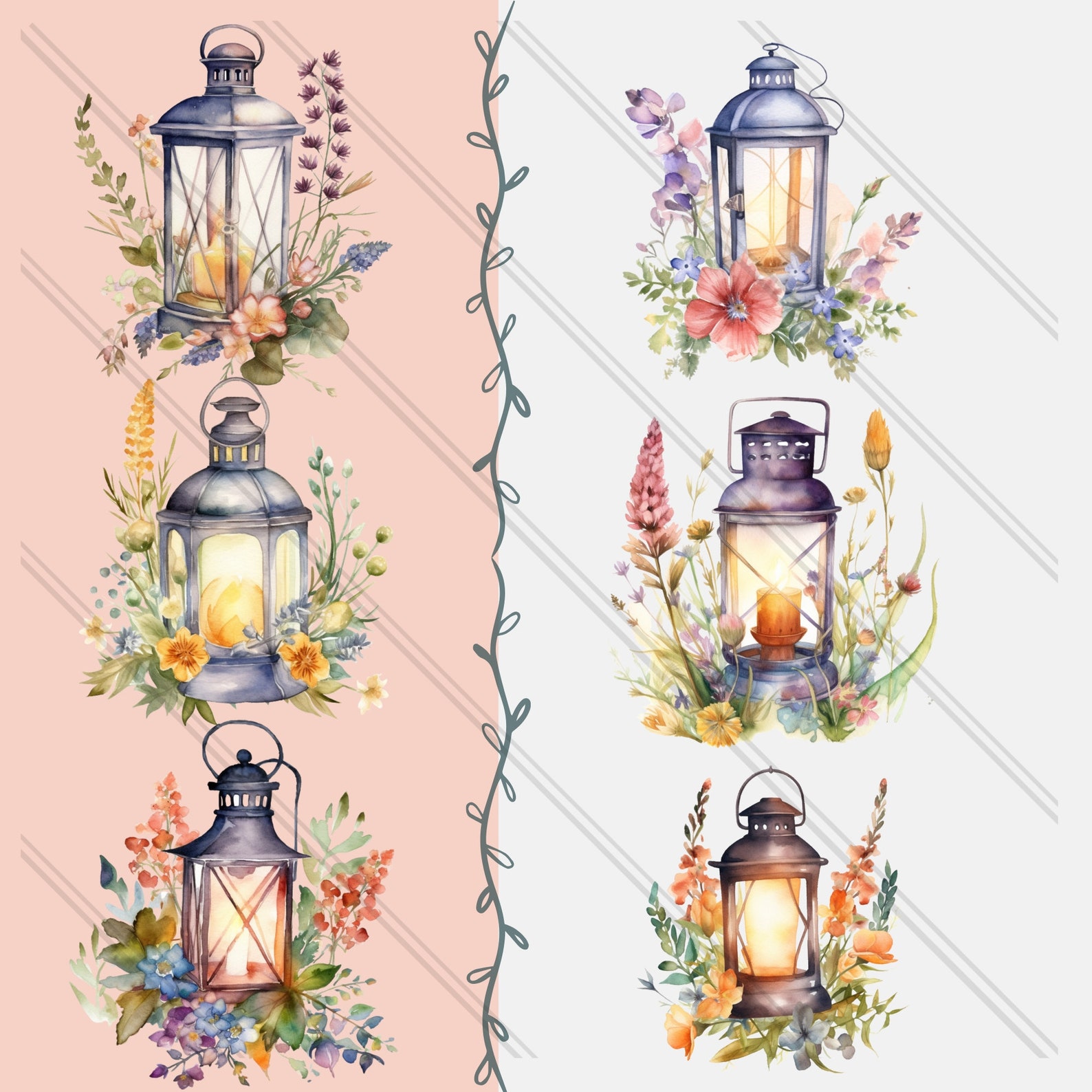 22 Watercolor Cottagecore Lantern Clipart Bundle - Floral Antique ...