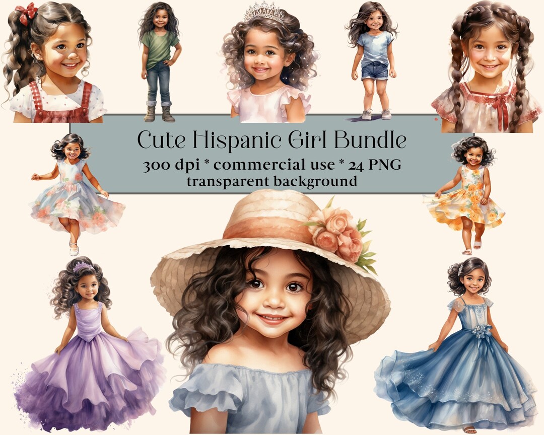 24 PNG Cute Hispanic Girls Watercolor Bundle, Little Latina Girl PNG ...