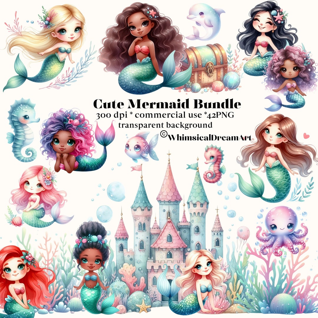 42 Cute Mermaid Watercolor Clipart, Dolphin Bundle, Watercolor Cute ...