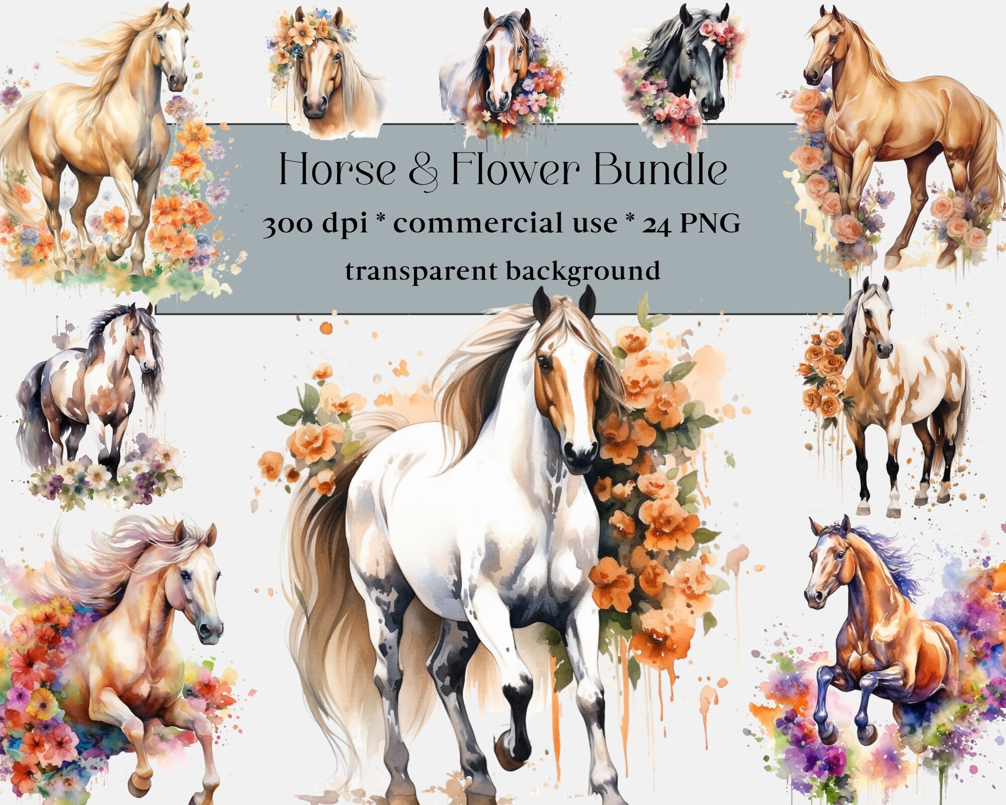 24 Horse PNG Collection |horse Clipart Set |watercolor Sublimation ...