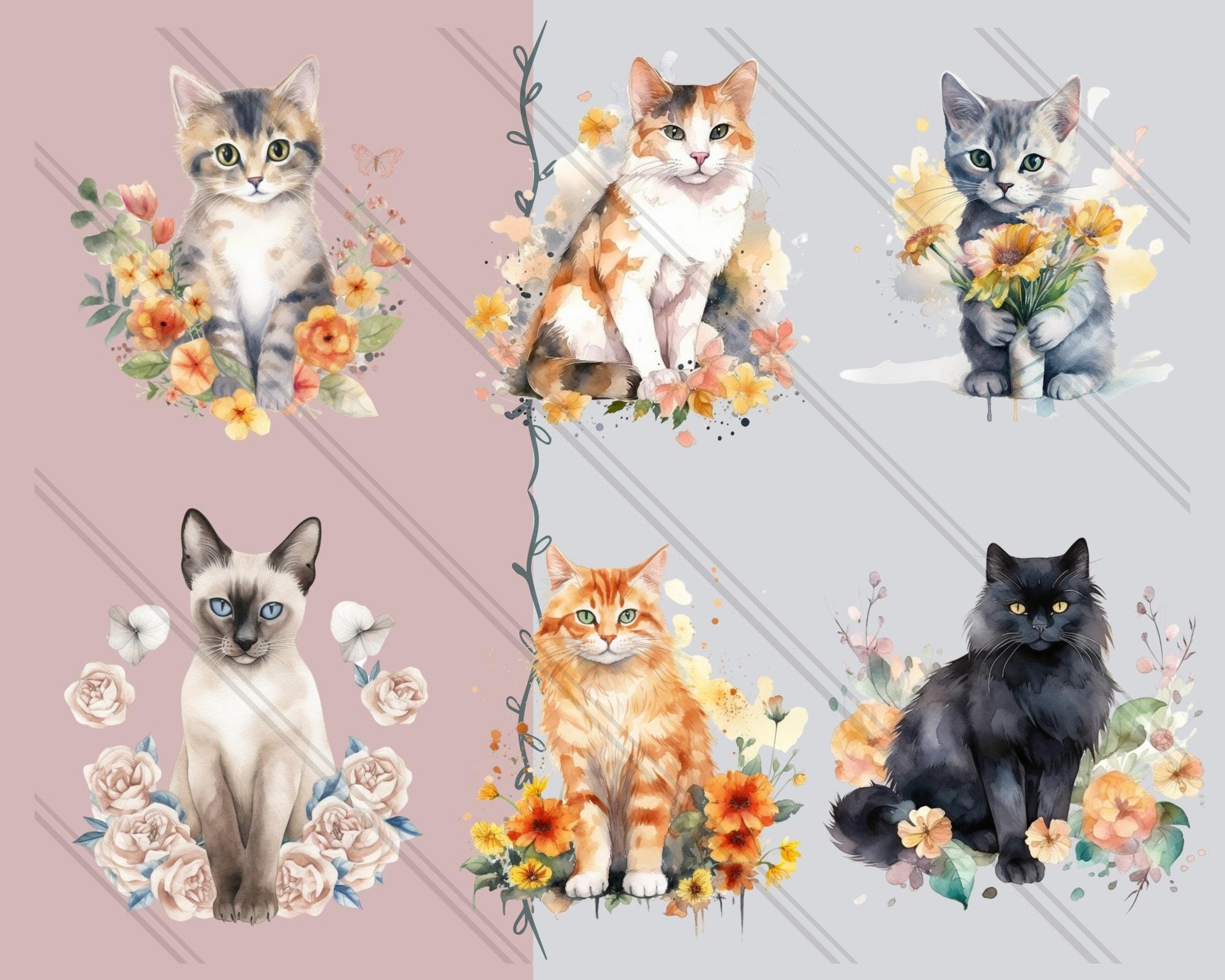 24 Cat, Kitten and Flowers Clipart , Watercolor Cat Pack, Digital ...