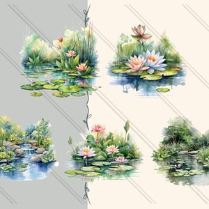 26 Watercolor Lily Pond Clipart - Springtime Cute Lily Pad and Frog ...