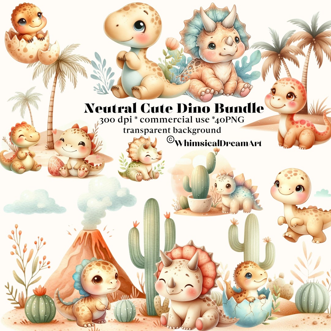 40 Watercolor Dinosaurs Clipart, Dino Theme Baby Party Printables, Cute ...