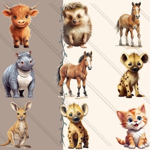48 Cute Baby Animals Clipart Watercolor Bundle, Jungle Safari PNG ...