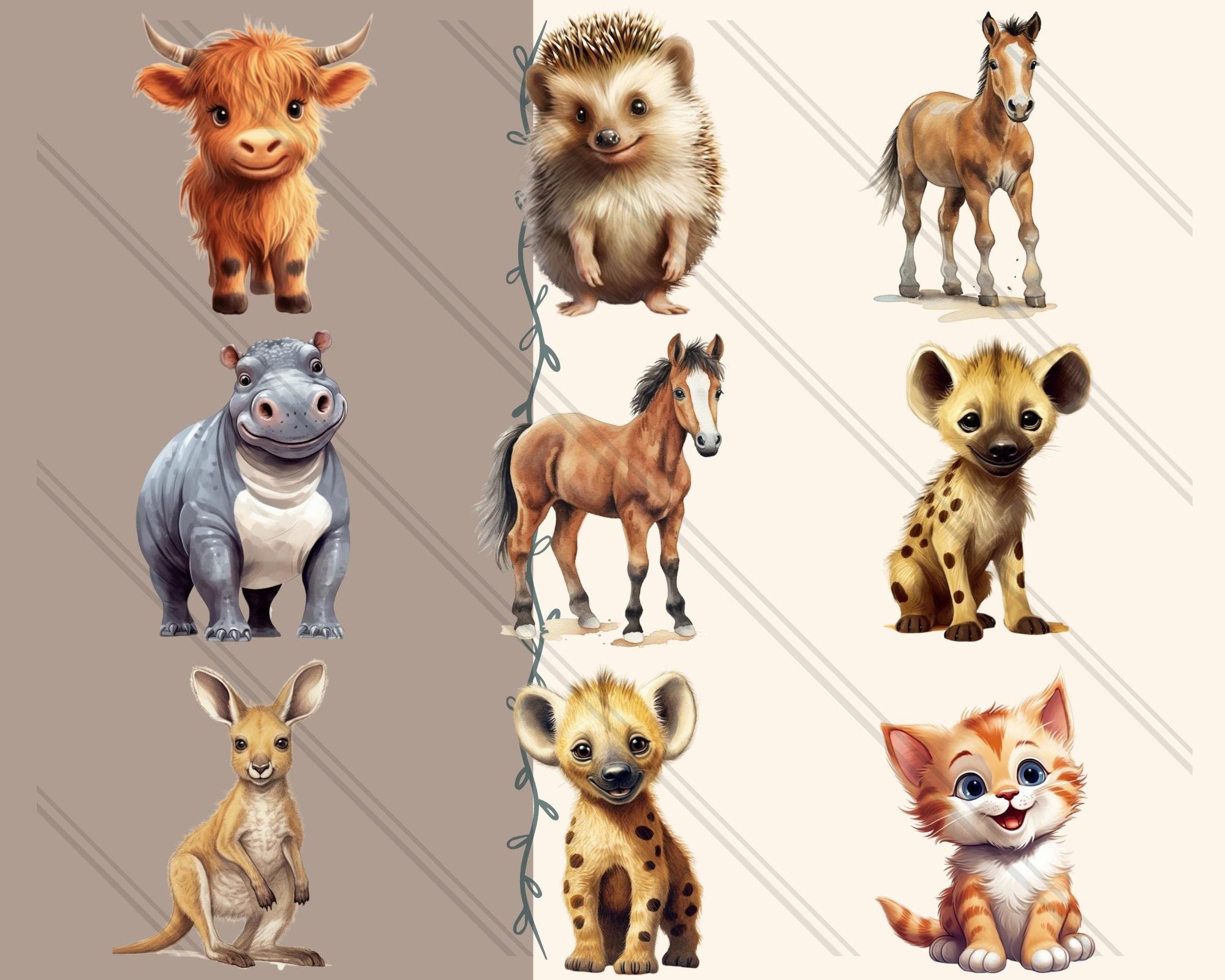 48 Cute Baby Animals Clipart Watercolor Bundle, Jungle Safari PNG ...
