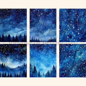 32 Starry Night Landscape Digital Paper, Blue Watercolour Texture ...