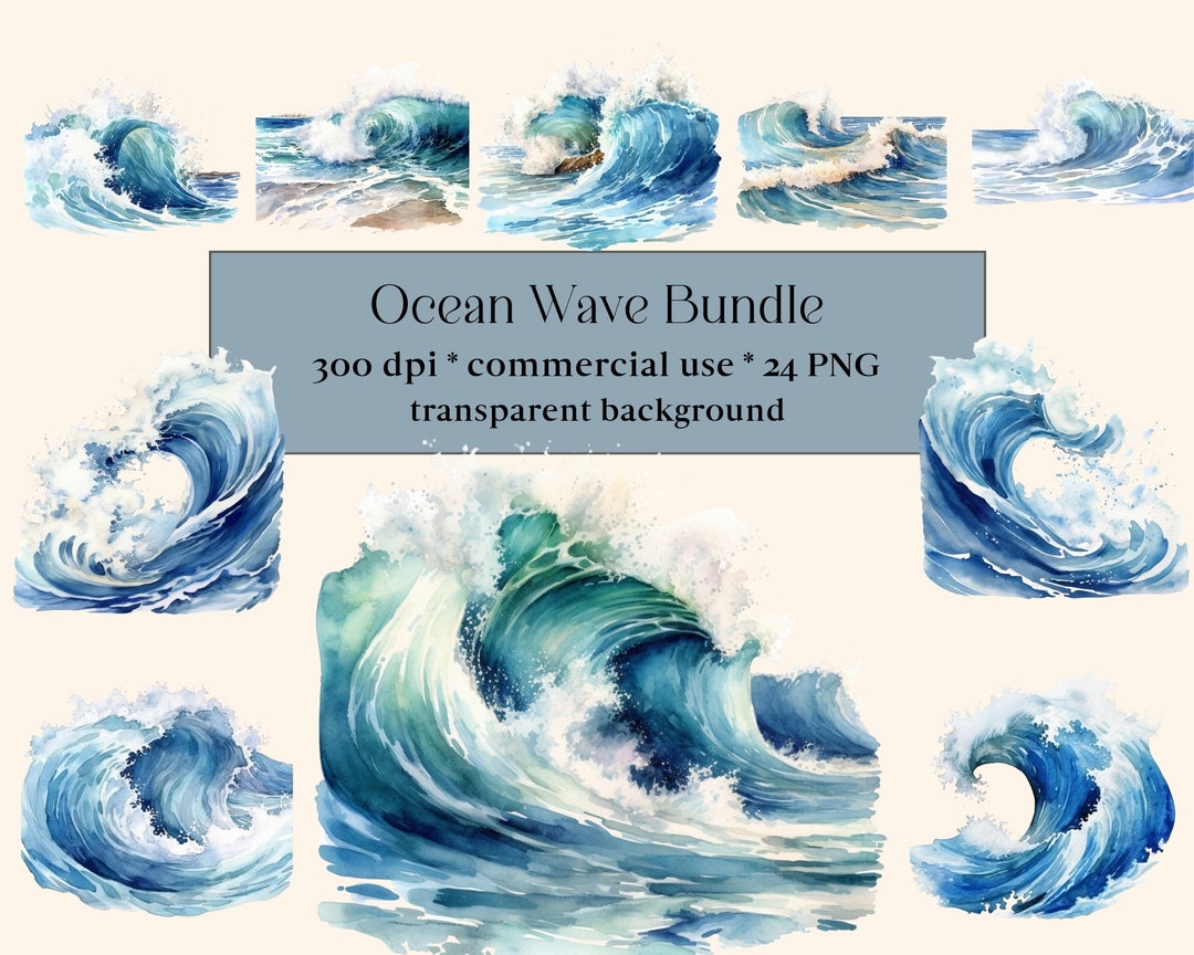 24 Watercolor Ocean Waves Clipart PNG - Nautical Watercolor Wave, Beach ...