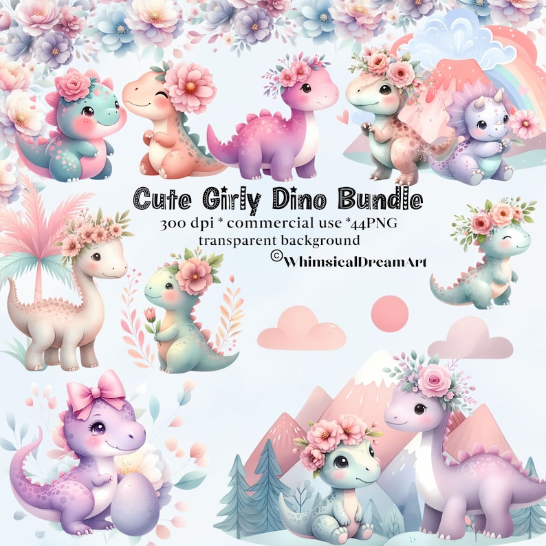 44 Watercolor Girl Dinosaurs Clipart, Girly Dino Theme Baby Party ...