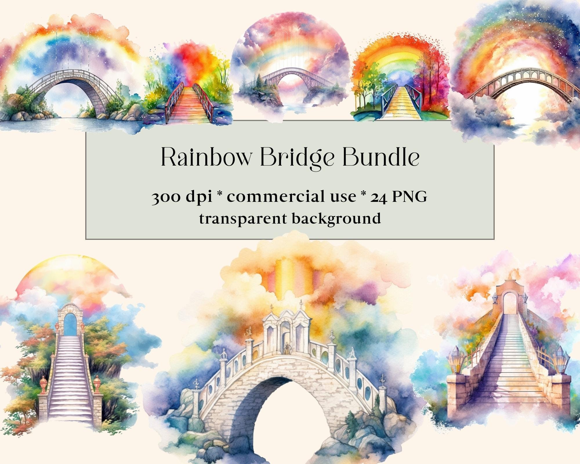 24 Watercolor Rainbow Bridges Clipart, Pet Memorial, Cloudy Heaven ...