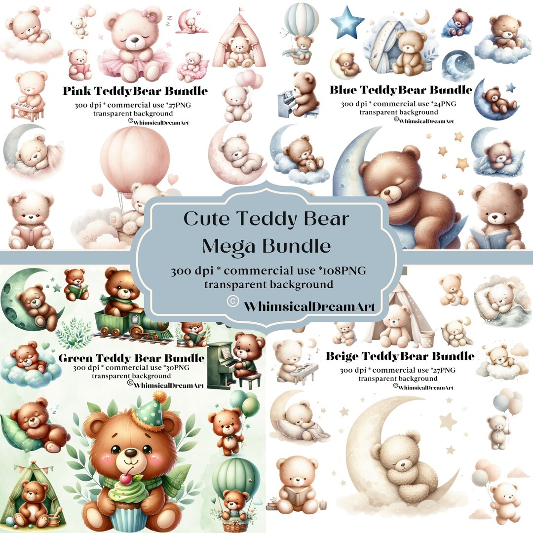 108 Watercolor Sleepy Teddy Bear Clipart, Baby Shower PNG, Vintage ...