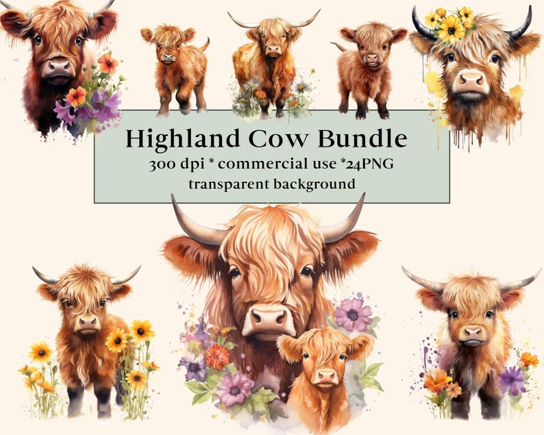 24 Highland Cow and Flower PNG Collection Highland Cow - Etsy