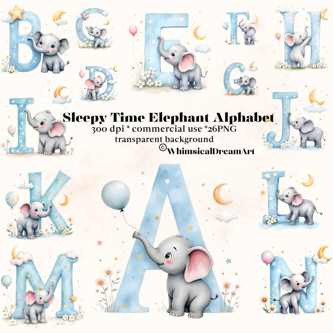 Watercolor Elephant Alphabet Clipart, Blue Safari Letters, Letter ...