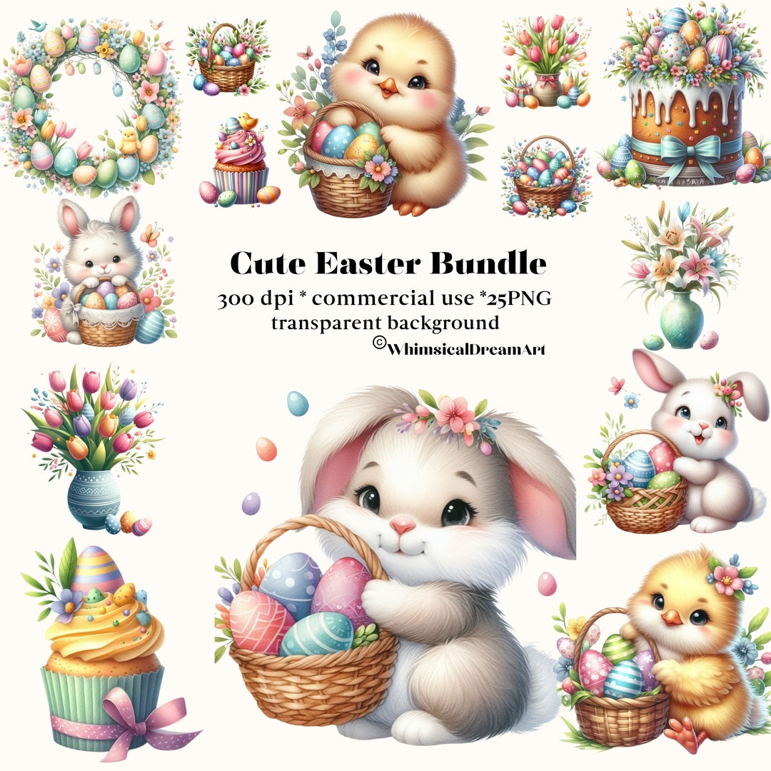 25 Watercolor Cute Easter Clipart Bundle, Spring Clipart, Easter Bunny ...