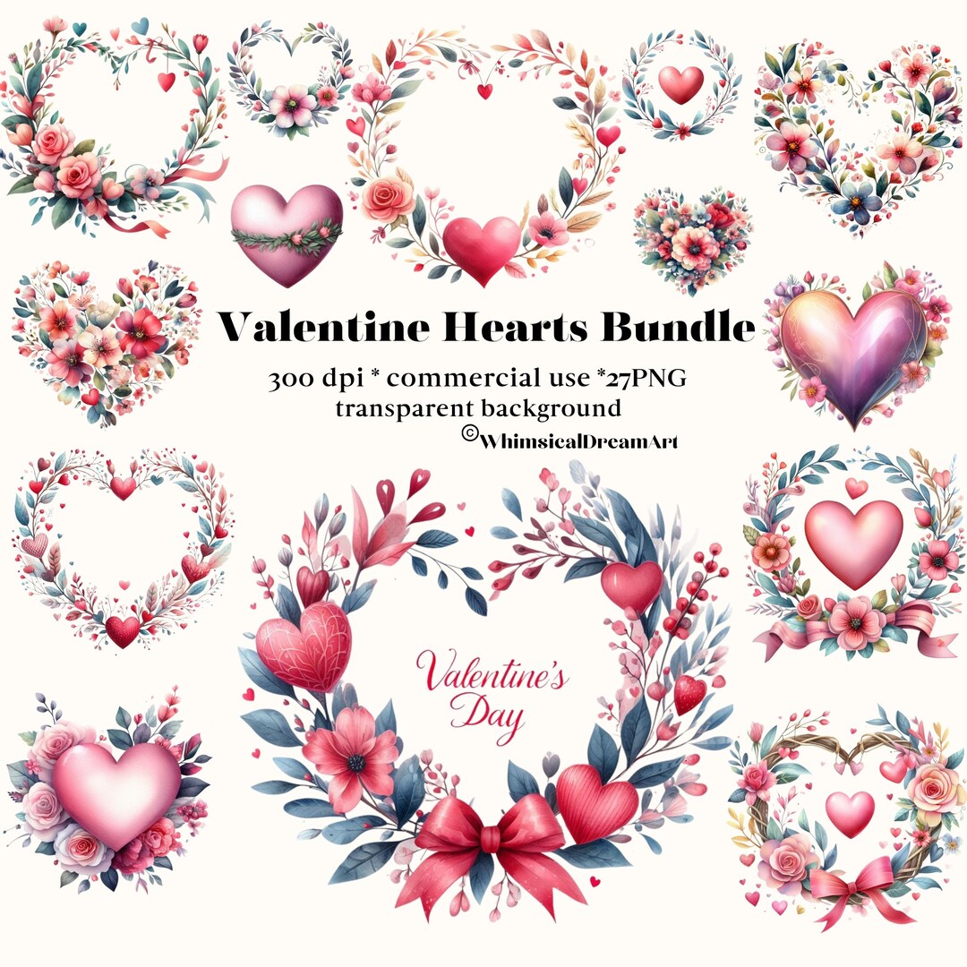 27 Watercolor Valentines Flower Heart Wreaths Clipart PNG, Valentine ...