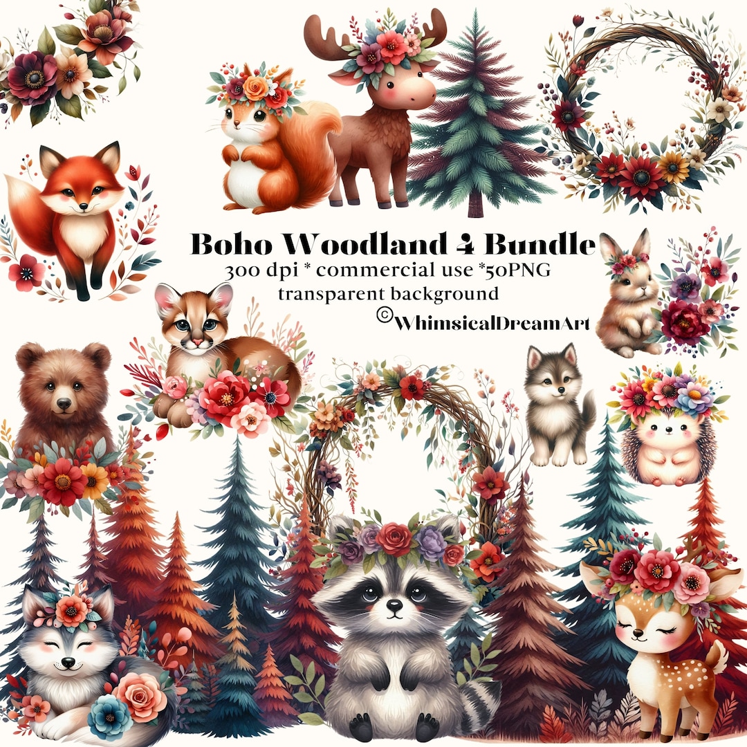 50 Boho Woodland Animals Clipart Watercolor Bundle, Commercial Use ...