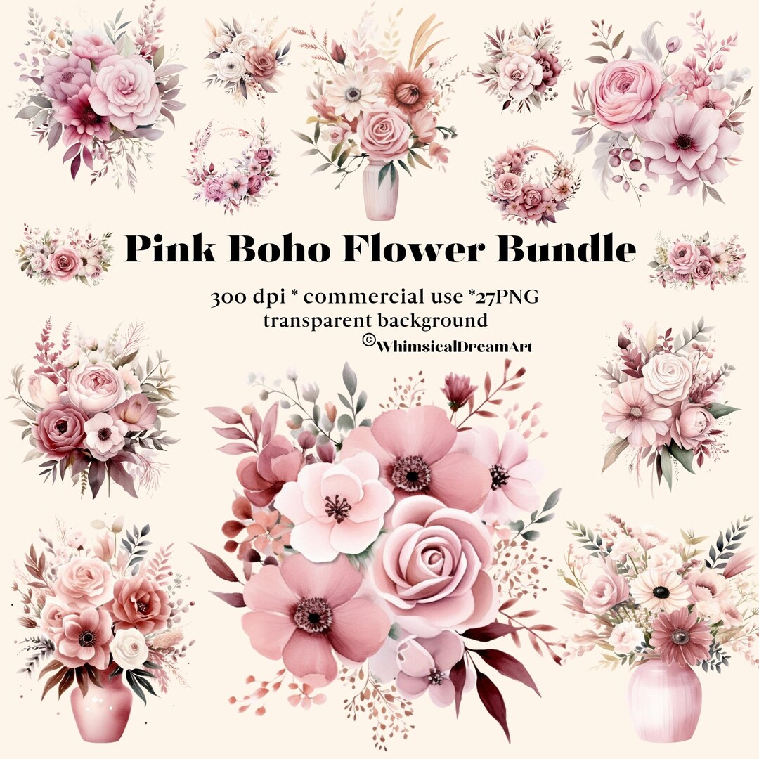 27 Watercolor Pink Boho Flower Clipart, Provence Floral Wedding PNG ...