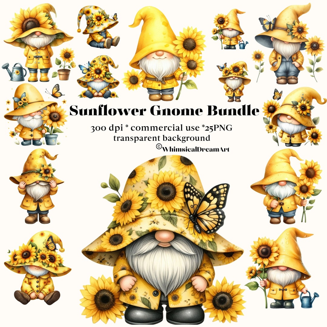 25 Sunflower Gnomes PNG Bundle Collection, Gardening Gnome Sublimation ...
