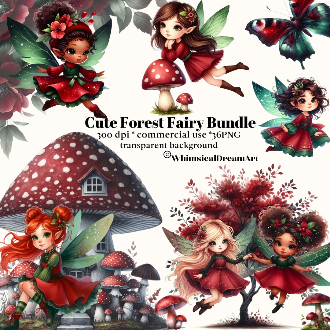 36 Cute Forest Fairy Watercolor Clipart, Mushroom PNG Clipart, Floral ...