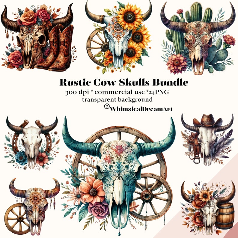24 Watercolor Western Rustic Cow Skull, Cowgirl Floral Wedding PNG ...
