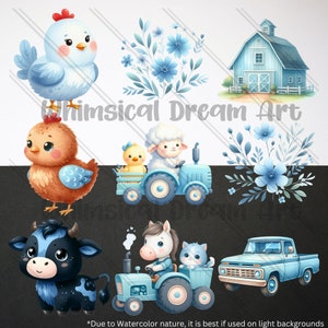 42 Watercolor Blue Farm Animal Clipart - Cute Chickens, Chicks, Horses ...
