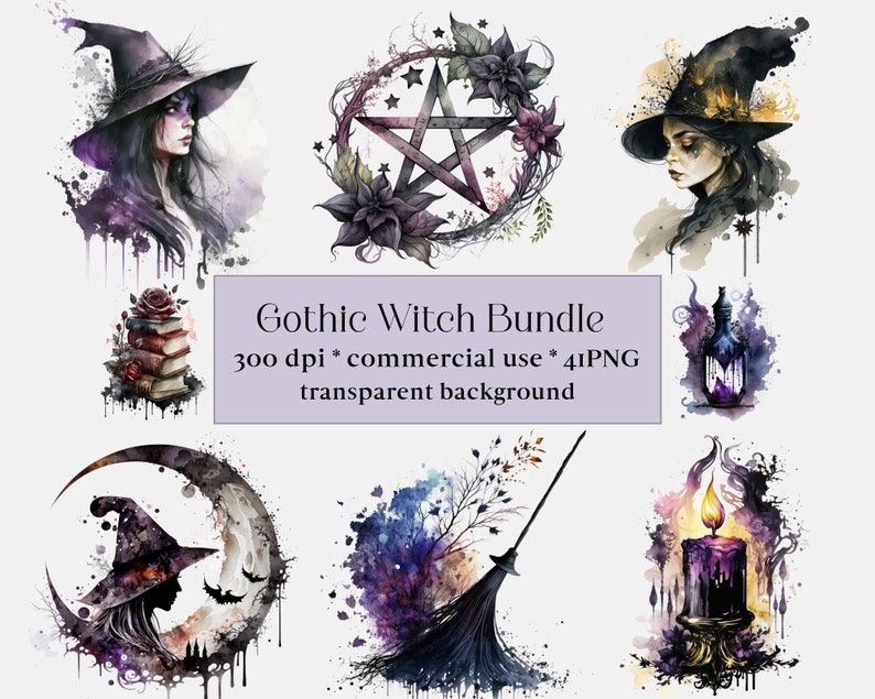 41 PNG Watercolor Gothic Witch Clipart, Witchcraft Clip Art, Magic, Mystical, Black Cat, Fantasy ...