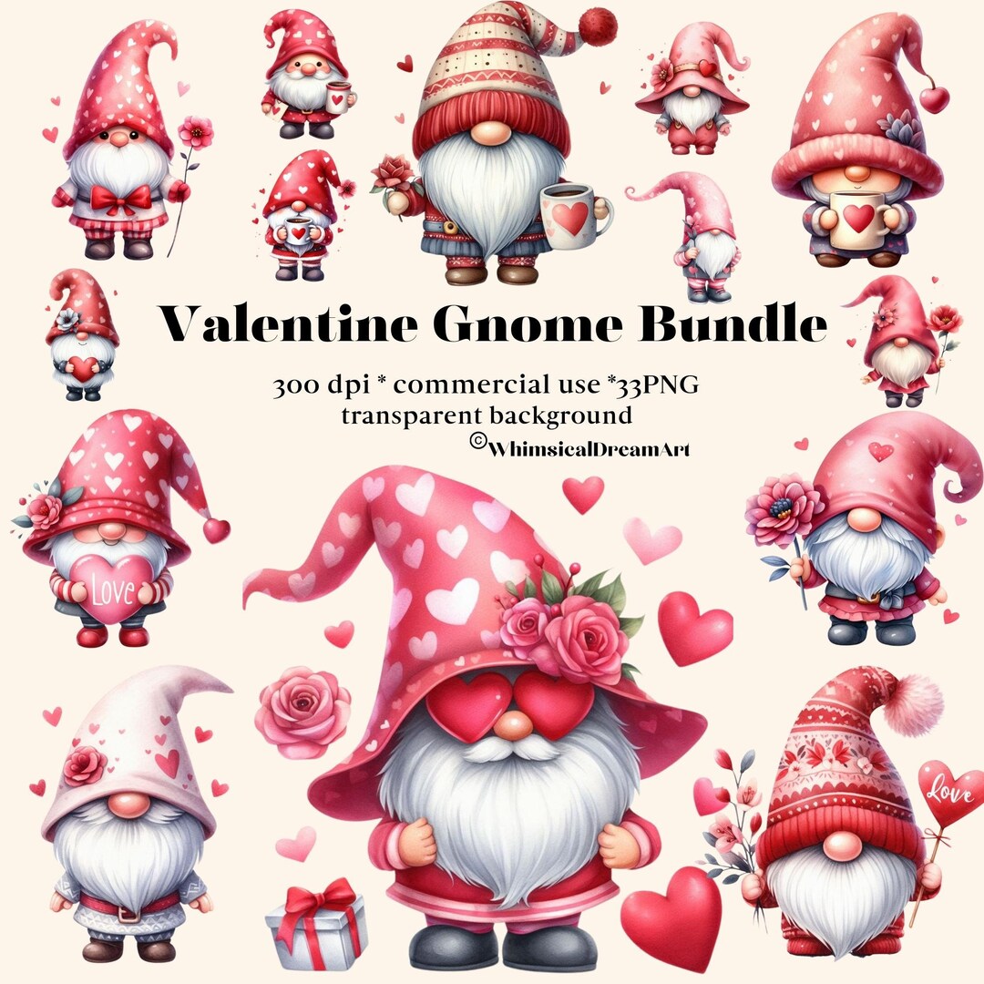33 Valentine Gnomes PNG Collection, Watercolor Gnome Collection Clipart ...