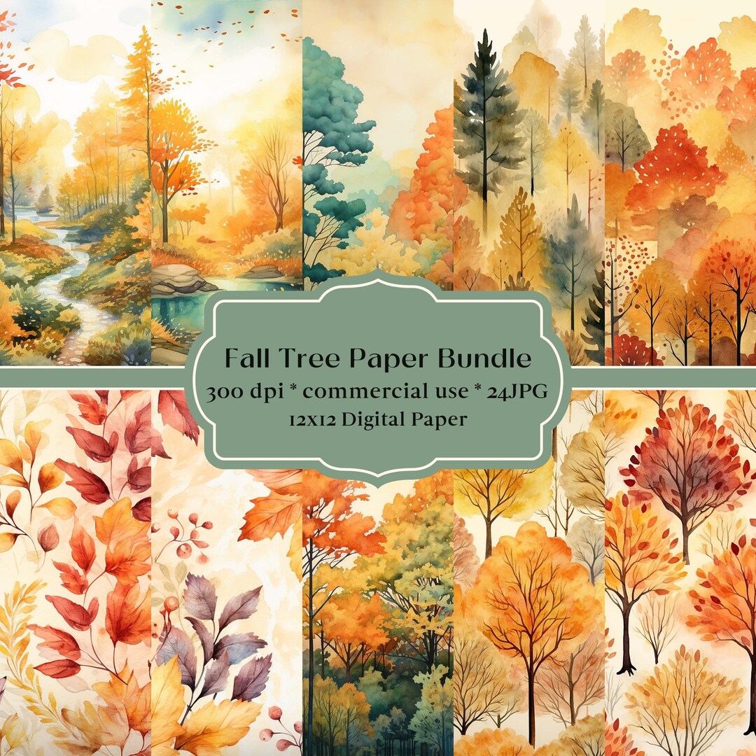 24 Autumn Tree Paper, Printable Watercolor Fall Landscape Paper, Cozy ...