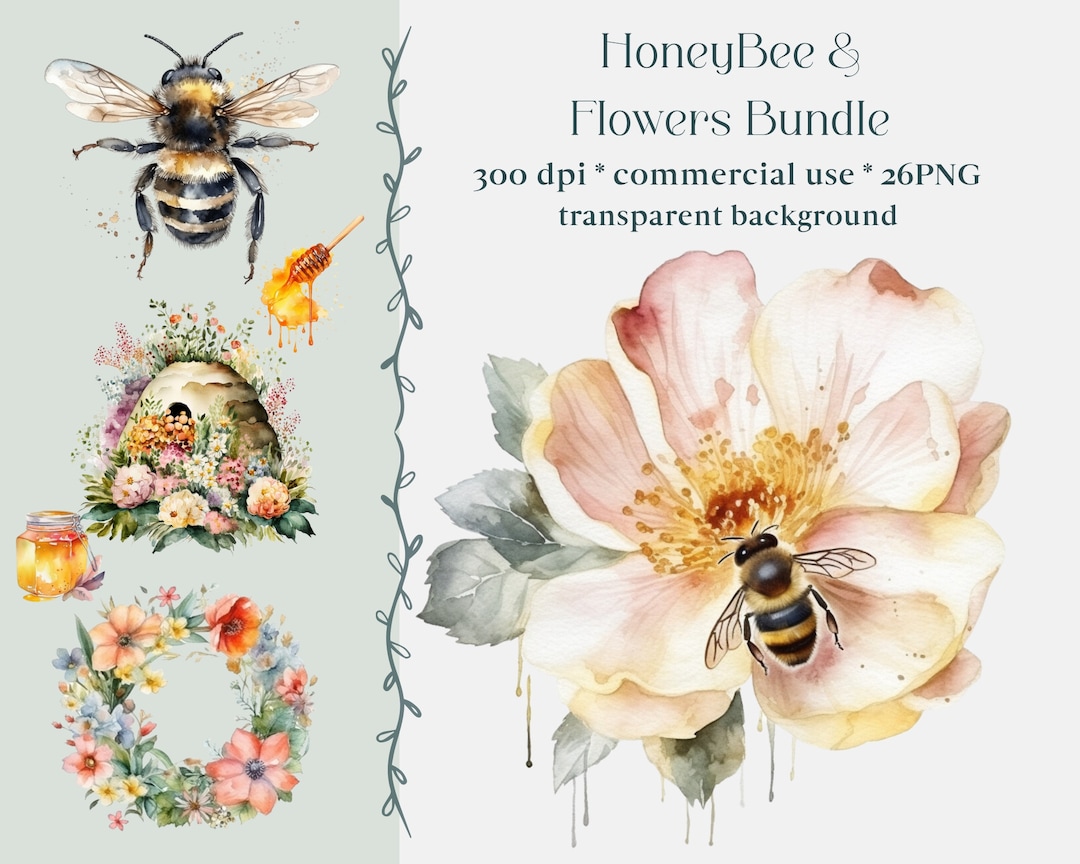 26 Watercolor Honey Bee Clipart, Spring Garden Bee and Honey Drips Clip ...