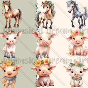 54 Watercolor Boho Farm Animal Clipart Cute Chickens, Chicks, Horses ...