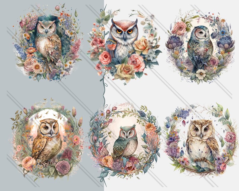 25 PNG Floral Mystical Owls, Printable Digital Image Bundle, Owl ...