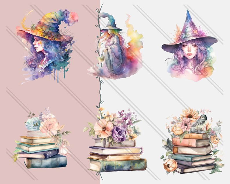 30 PNG Watercolor Pastel Witch Clipart Bundle, Pastel Witchcraft Clip ...