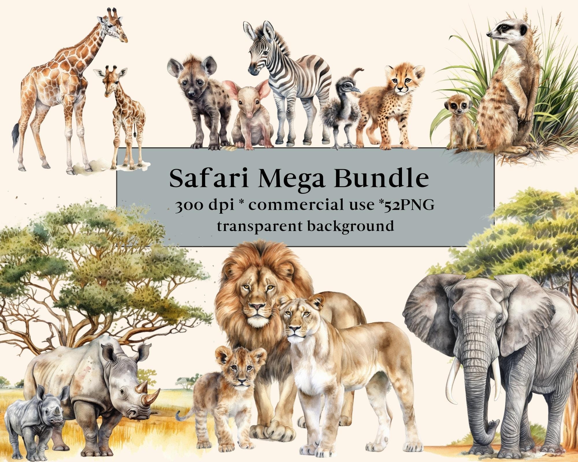 52 Safari Animals Clipart Watercolor Bundle Jungle Safari - Etsy Canada
