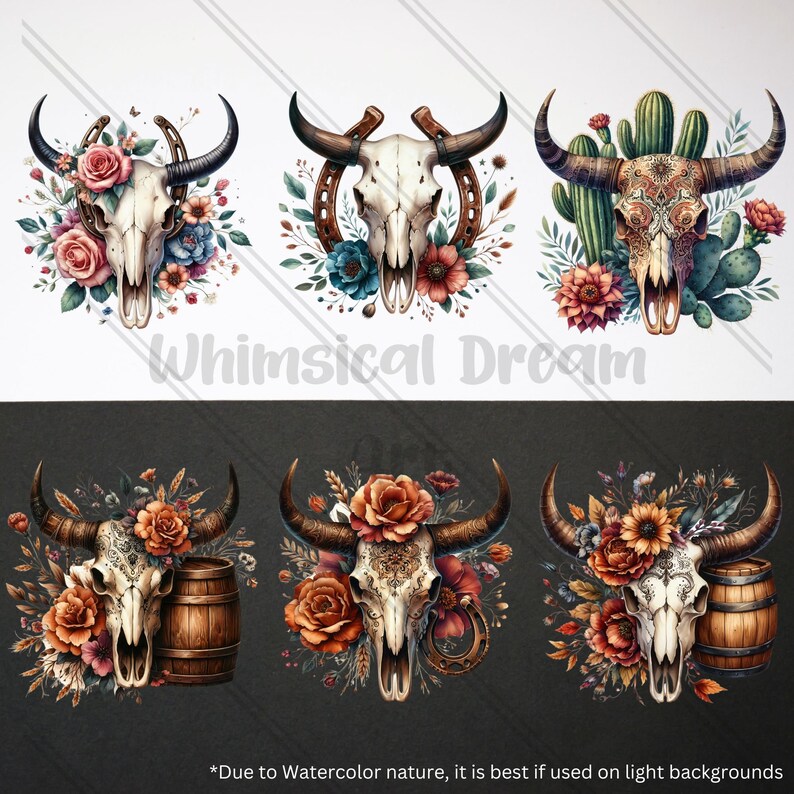 24 Watercolor Western Rustic Cow Skull, Cowgirl Floral Wedding PNG ...