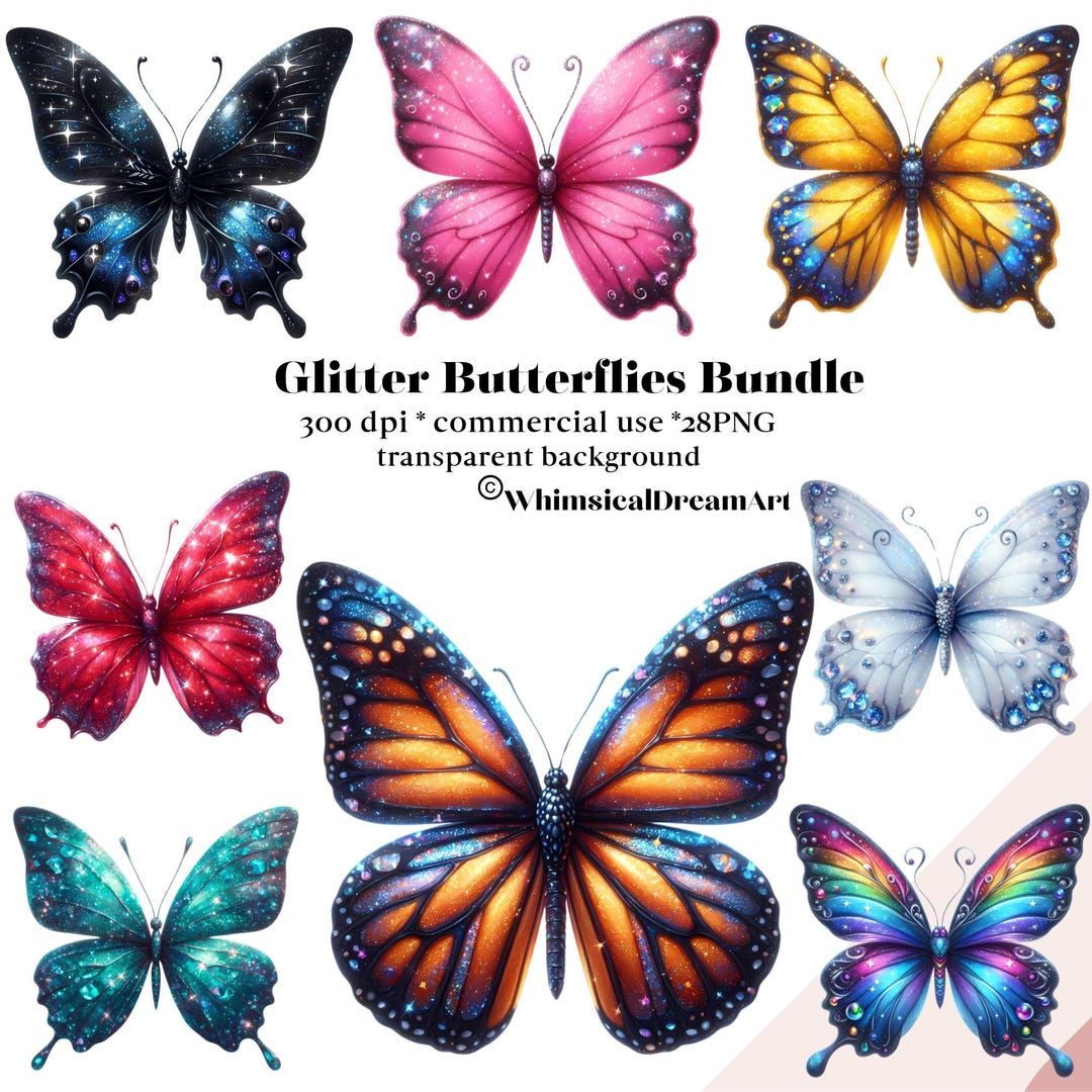 28 Glitter Butterfly Watercolor Clipart, Monarch PNG, Summer Bundle ...
