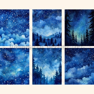 32 Starry Night Landscape Digital Paper, Blue Watercolour Texture ...