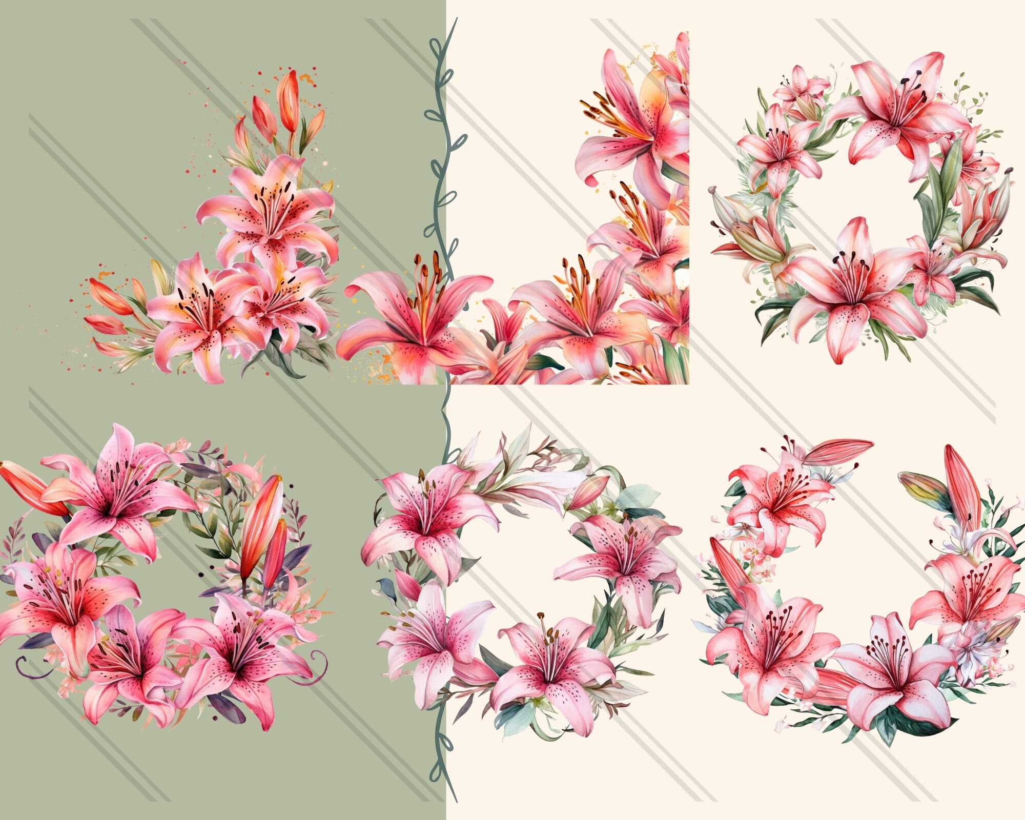 24 Watercolor Pink Tiger Lily Clipart Lilies Floral Frames - Etsy