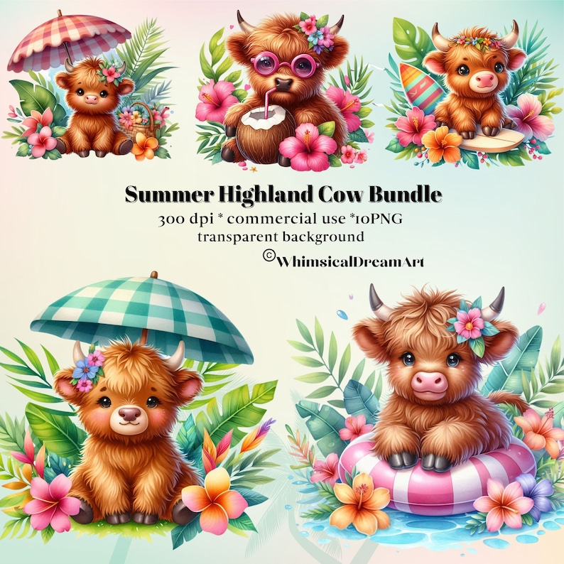 10 Watercolor Summer Highland Cows Collection Clipart, PNG Beach ...