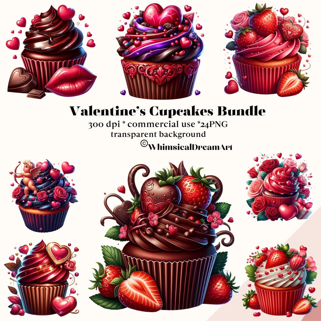 24 Valentines Cupcake Clipart Bundle, Valentine Day Cupcake PNG ...